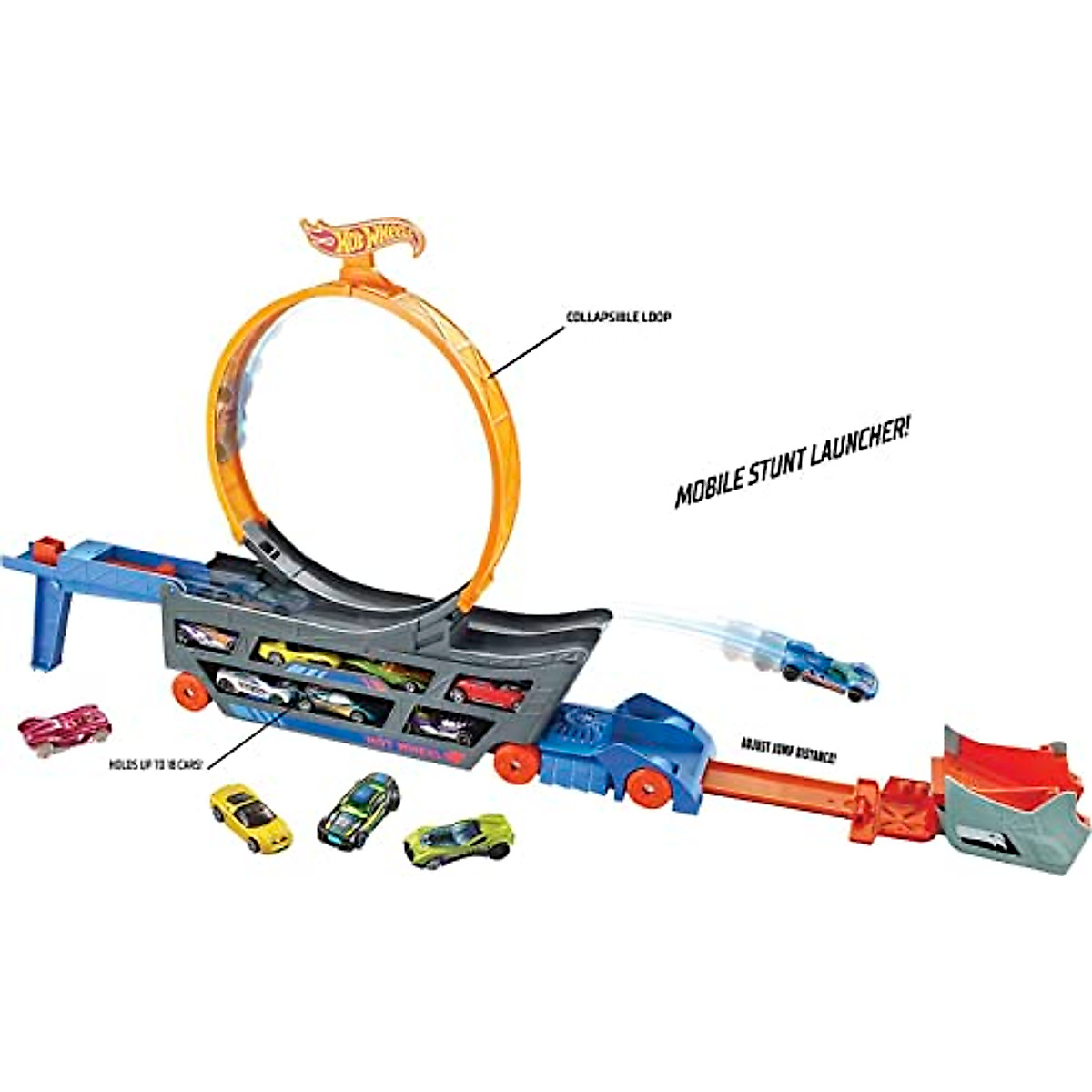 Hot Wheels Stunt & Go Track Set with 1 Toy Car, Transforming Hauler Truck with Launcher, Stores 18 1:64 Scale Cars [Amazon Exclusive]