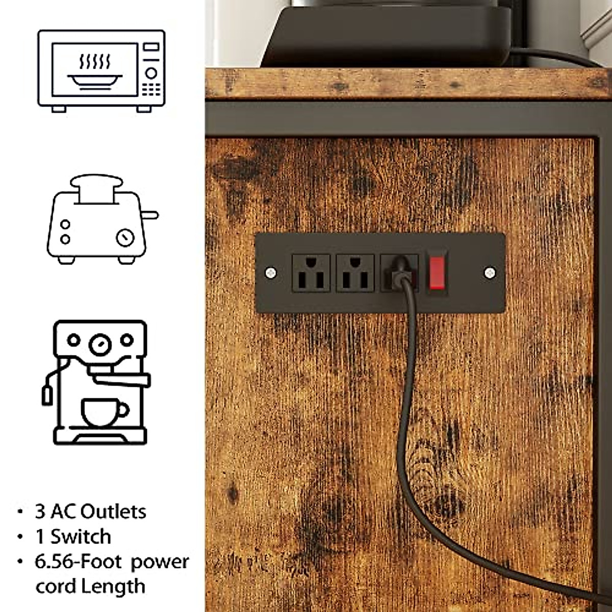 IRONCK Storage Cabinet with Charging Station and Wheels, 31.5" Kitchen Cart Cabinet with Shelves, Removable Cart Handle Cup Hook, Cupboard for Kitchen, Living Room, Industrial, Vintage Brown