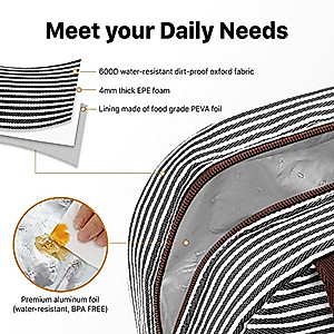 DANIA & DEAN Durable Insulated Lunch Bag for Women/Men/Kids Double Zippers Wide Open Bag Leakproof Thermal and Cooler Reusable Lunch Box for Office School Outdoor (Black and White Stripes)