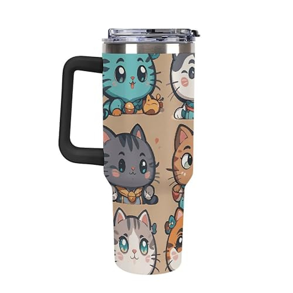 Many Cartoon Cats Insulated Stainless Steel Travel Mug, 40 Oz Tumbler with Handle And Straw Double-Wall Vacuum Coffee Cup, Leak-Proof Lid, Keeps Drinks Hot/Cold for Hours