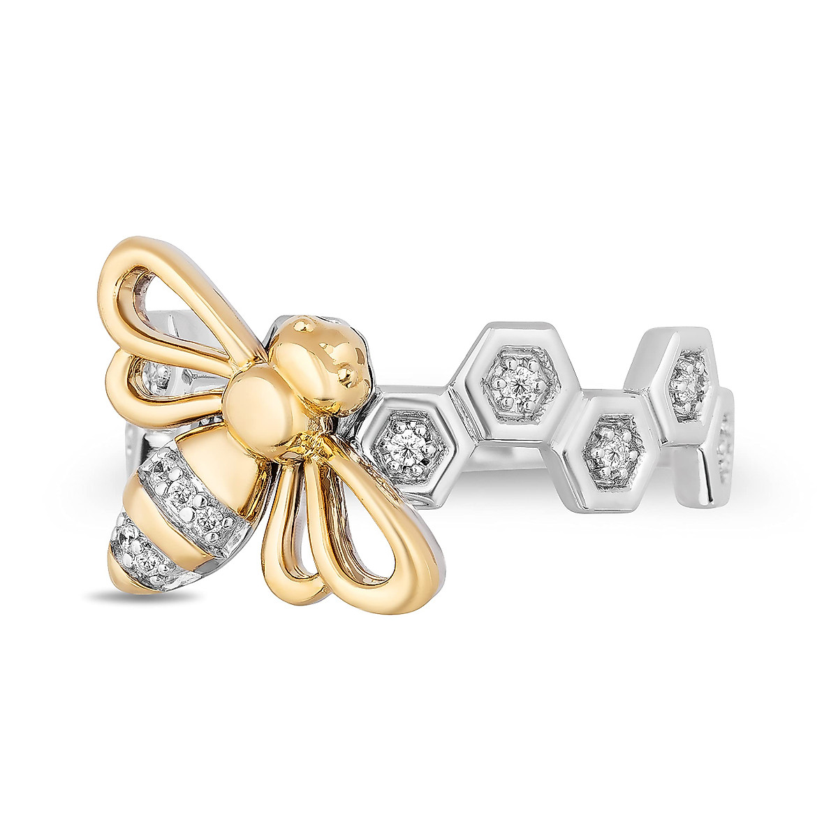 Jewelili Hallmark Fine Jewelry Sterling Silver and 14K Yellow Gold 1/10 Cttw Natural Round White Diamonds Honeybee Ring, Size 6