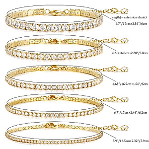 5 PCS Gold Bracelets for Women Teen Girls, 14K Real Gold Plated Adjustable Cubic Zirconia Dainty Tennis Anklet Bracelets Pack, Classic Bracelets Aesthetic Jewelry for Gift