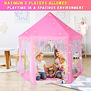 LOJETON Princess Castle Play Tent with Big Moon Star String Lights for Girls, Large Hexagon Playhouse, Kids Dream Tent Toy for Children Indoor Outdoor Games, 55" x 53" (Pink)