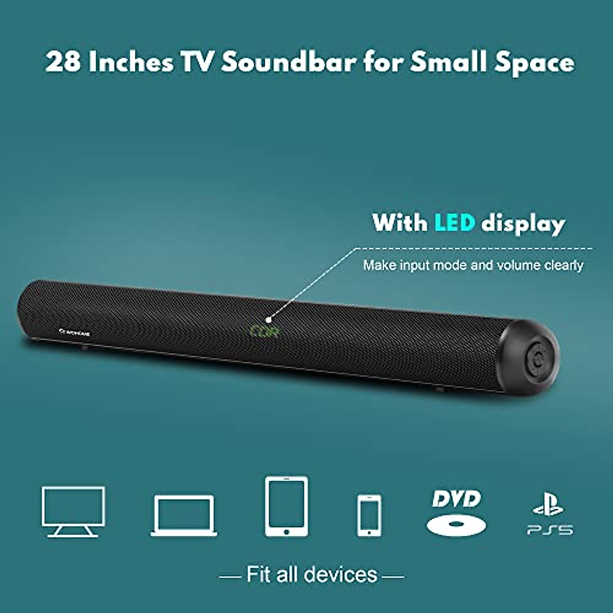 Wohome Soundbar for TV - 28-Inch Sound Bar with HDMI-ARC, Bluetooth, LED Display, Optical, USB, and AUX Inputs - 80W, 4 Speakers, Surround Sound Home Theater System