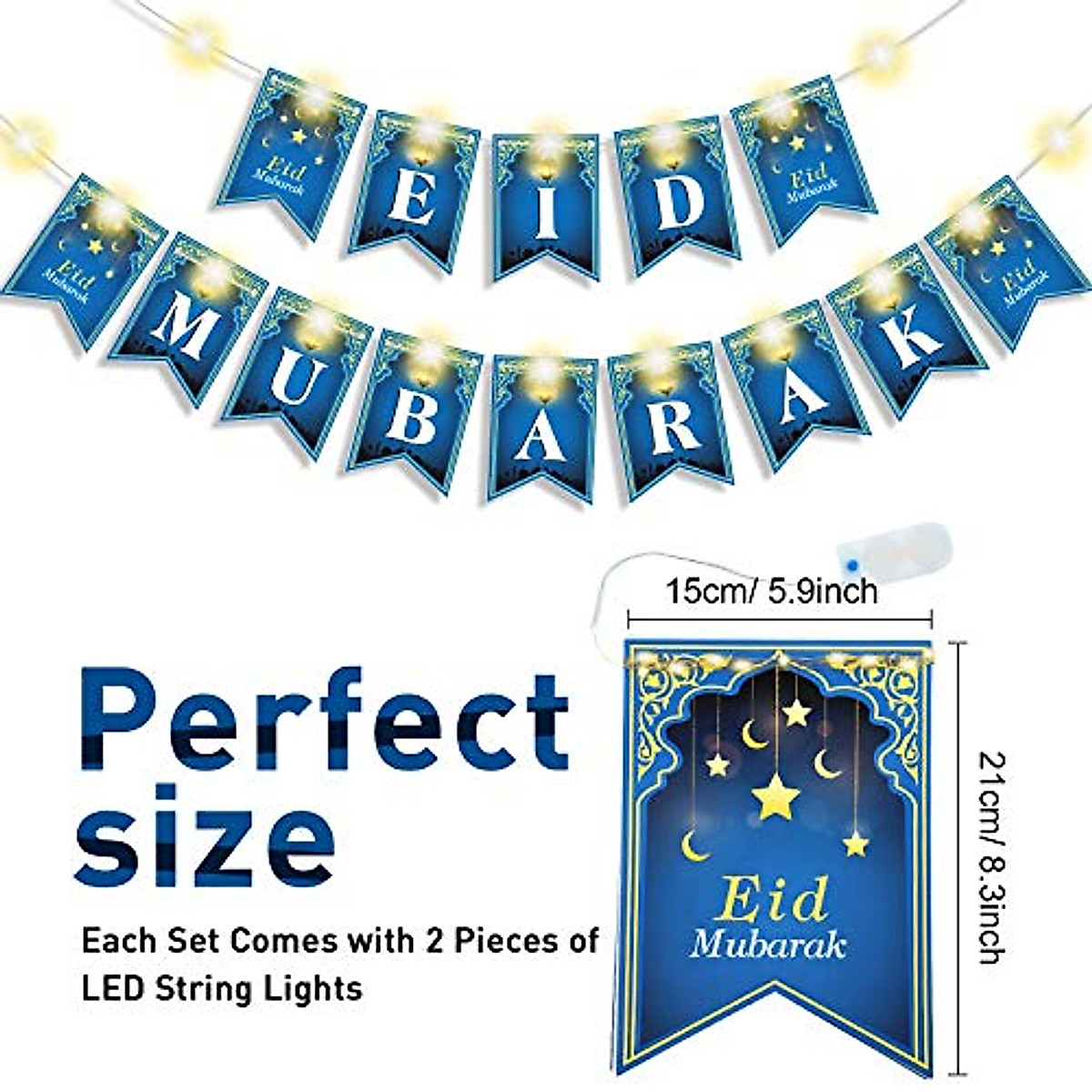Eid Mubarak Paper Banner Eid Mubarak Bunting Banner with Led Fairy String Light 3 Flicker Modes, Eid Celebration Hanging Garland Decoration for Muslim Ramadan Party Supplies, No DIY Required (Blue)