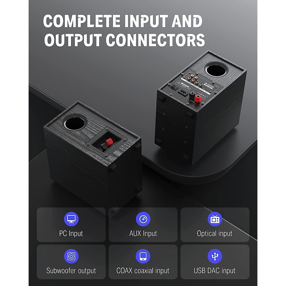Donner Active Bookshelf Speakers with 60W RMS Powered, Long Stroke Stereo Speakers with Bluetooth 5.0/Coax/Opt/USB DAC/Double RCA Input and Subwoofer Output, Home Audio System - A40D