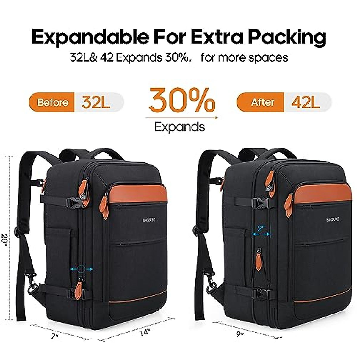 Bagsure Travel Backpack, 42L Carry on Backpack, Flight Approved Expandable Travel Backpack for Men&Women, Carry on Backpack, Luggage Daypack with Packing Cubes and Shoe Pocket, Large Travel Bags