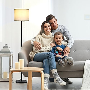 Modern Floor Lamp for Living Room Traditional Farmhouse Floor Lamps Mid-Century Pole Lamp with Linen Lamp Shade, Standing Tall Floor Lamps for Bedrooms and Office (Black+Metal Pole)