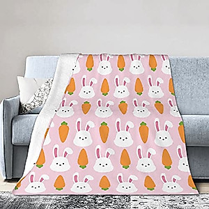 Rabbit and Carrot Throw Blanket Soft Warm Cozy Lightweight Blankets Cute Easter Bunny Flannel Blanket for Sofa Couch Bed Office Holiday Decorative 50"X40"