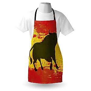 Ambesonne Spanish Apron, Bull Silhouette on Spanish Flag Grunge National Elements Paint Stains, Unisex Kitchen Bib with Adjustable Neck for Cooking Gardening, Adult Size, Vermilion Yellow