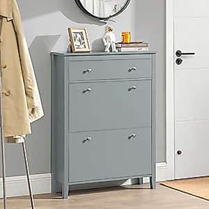 Haotian FSR89-HG, Grey Shoe Cabinet with 1 Slide Drawer & 2 Flip Drawers, Freestanding Shoe Rack, Shoe Organiazer