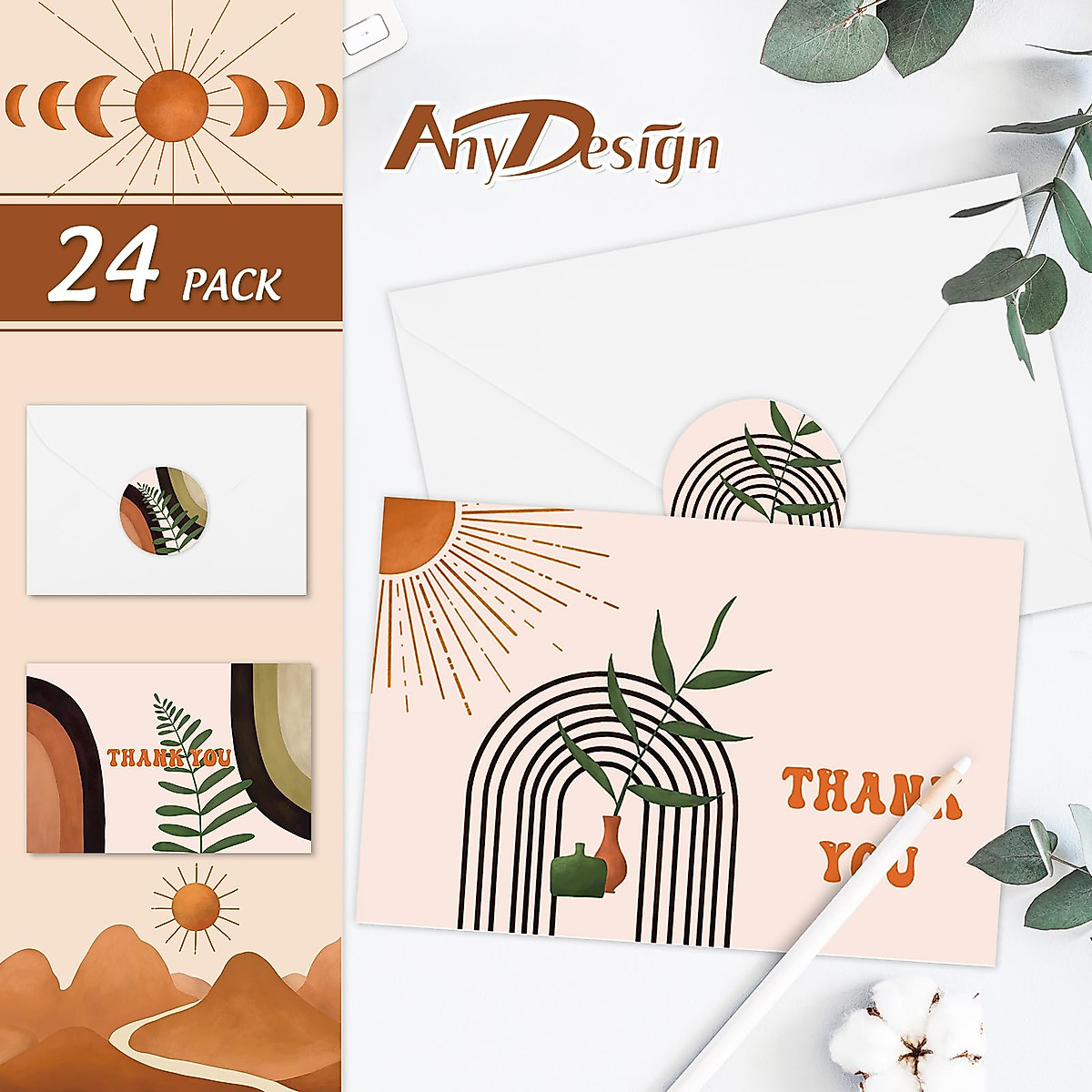 AnyDesign Boho Thank You Cards Bulk 24 Pack Abstract Geometric Thank You Note Cards with Envelopes Stickers Boho Blank Greeting Cards for Wedding Baby Shower Bridal Shower Supplies, 4 x 6 Inch
