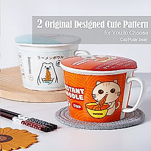 TOPWCK 34oz Large Microwavable Ceramic Ramen Bowl with Lid, Handle, Chopsticks, Cute Anime Japanese Instant Noodle Cooker Soup Bowl, Gift for Teens Kids (Cat)