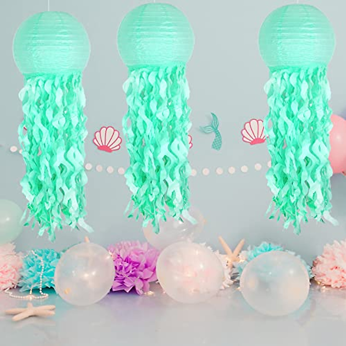 Jellyfish Paper Lantern Hanging Decoration, UNIIDECO Jelly Fish Mermaid Decor for Party, Under The Sea Mermaid Birthday Party Supplies, Ocean Theme Classroom Decorations (Green)