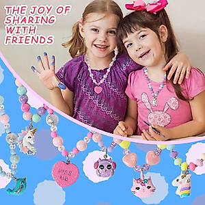PinkSheep Jewelry Sets Beaded Necklace and Beads Bracelet for Kids Girls 10 Sets Unicorn Cat Bird Owl Necklace and Beads Little Favors Bags for Girls Princess Dress Up Pretend Play