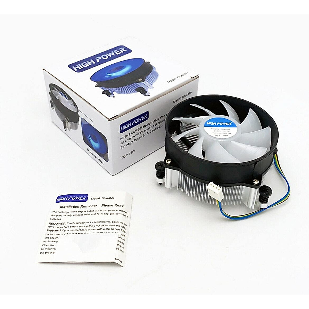 HIGH POWER BlueAM4 Blue LED Light CPU Air Cooler with Aluminum Heatsink & 95mm PWM Cooling Fan for AMD Ryzen 5,7,9 Processor/Socket AM4 / AM5 PC Motherboard