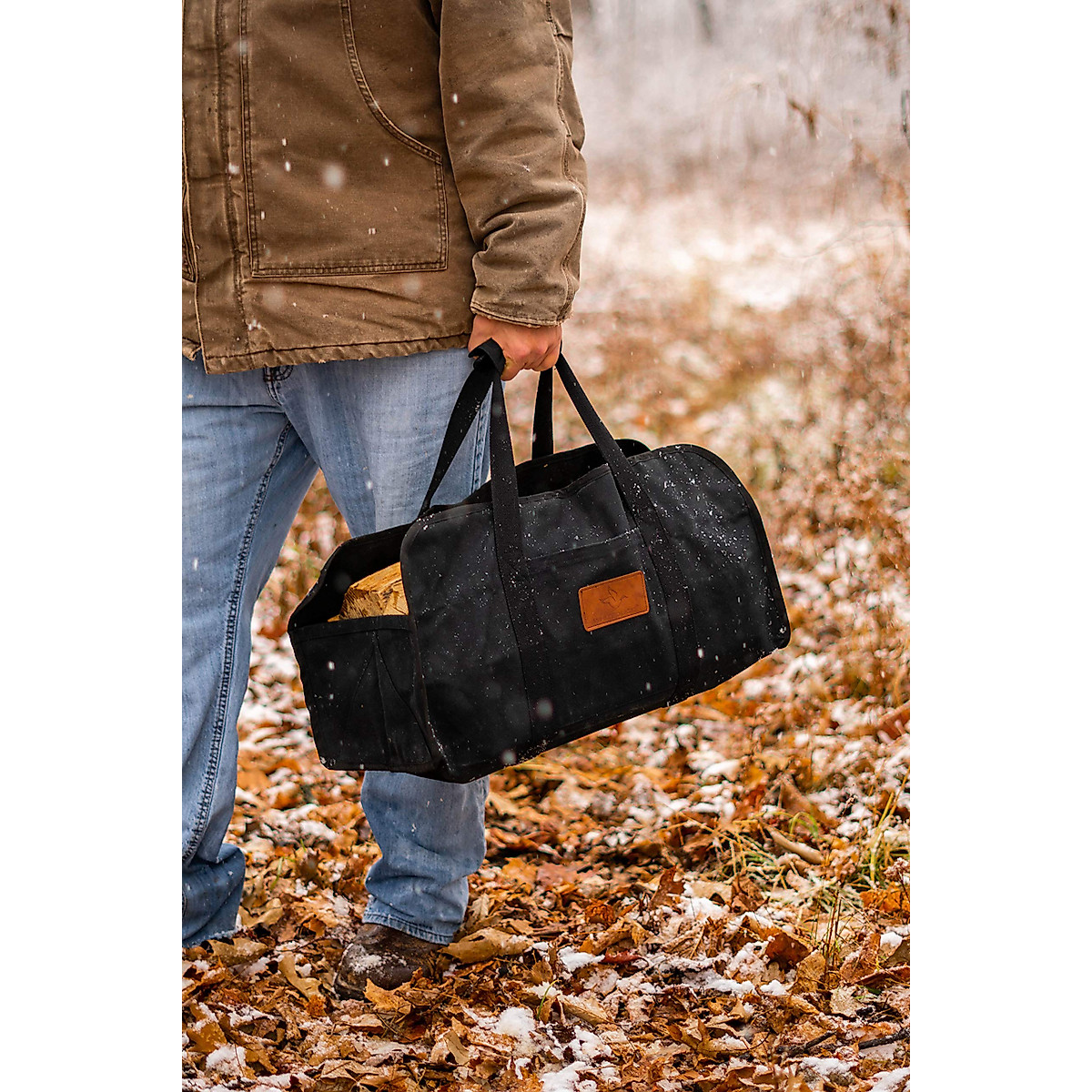 WHITEDUCK TUFF Large Firewood Carrier 21 Oz. Heavy Duty Waxed Canvas Log Carrier Holder for Fireplace, Carrying Wood Indoor & Outdoor (Black, Tote Shape (23"x10"x12"))