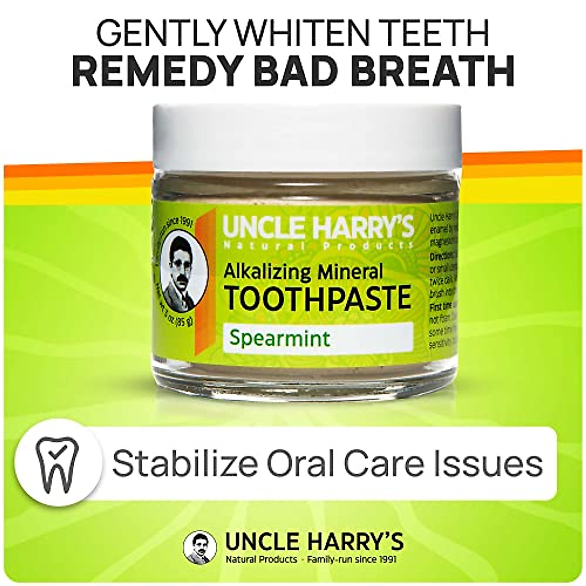 Uncle Harry's Spearmint Remineralizing Toothpaste | Natural Whitening Toothpaste Freshens Breath & Promotes Enamel | Vegan Fluoride Free Toothpaste