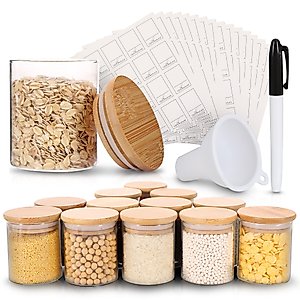 Houseables Glass Spice Jars, Storage Containers, Airtight Bamboo Lid, 12 Pack, 6 oz, Food Canister Sets For Kitchen Counter, Jar, Lids, Flour, Brown Sugar, Pantry, Spices, Candy