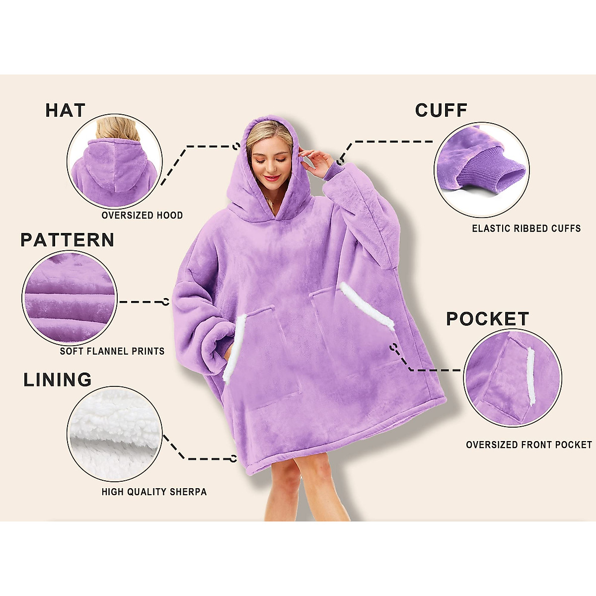 Kipswiza Oversized Wearable Blanket Sherpa Fleece Thick Warm Hoodie Blanket Big Hooded Sweatshirt Hoodie Blanket for Women Mom Sister Girls Teens Men, Purple