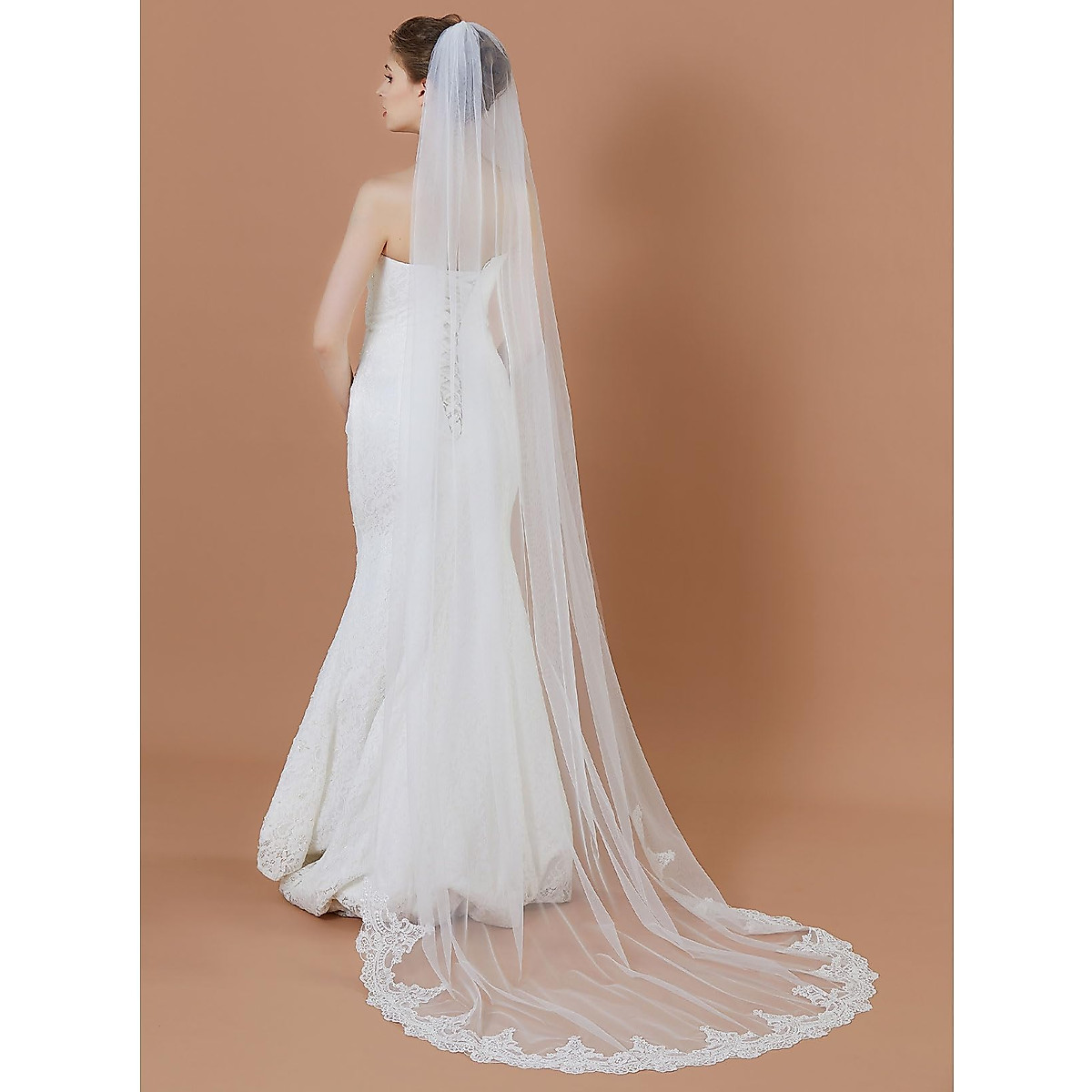 BEAUTELICATE Wedding Bridal Veil with Comb 1 Tier Lace Applique Chapel Length 90" White