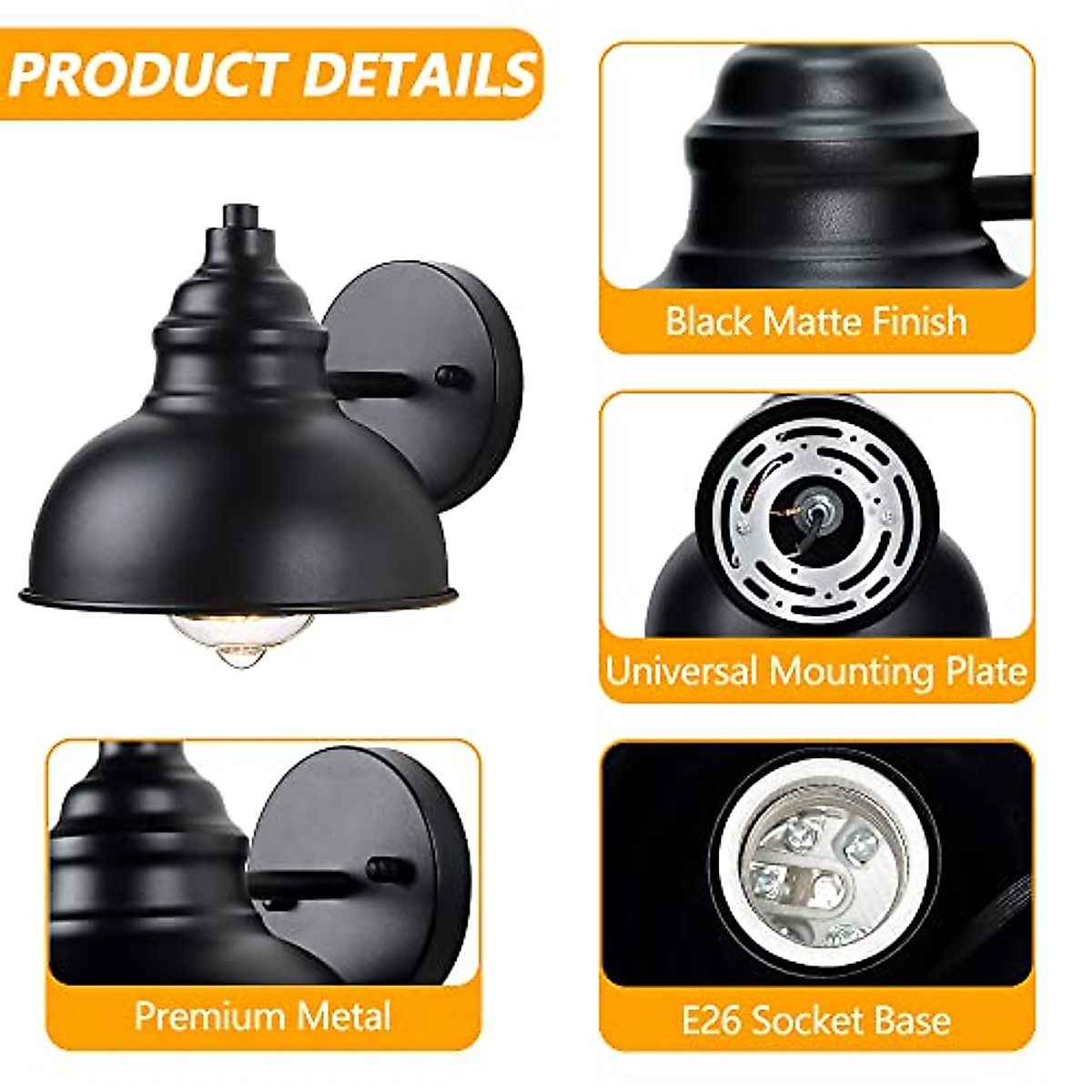 PTRWOROA 2 Pack Outdoor Wall Lights with Matte Black Finish and E26 Socket Base, Farmhouse Barn Lights, Exquisite Wall Sconces for Indoor and Outdoor