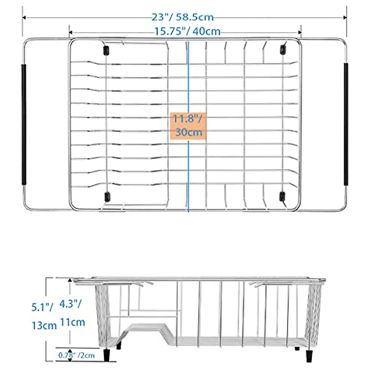 SANNO Expandable Sink Dish Drying Rack, Deep Large Dish Drying Rack with 4 Division Utensil Silverware Cutlery Holder, Dish Drainer Shelf Dish Rack in Sink On Counter, Rustproof Stainless Steel
