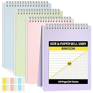 SUNEE Sizes & Paper Styles Will Vary - 4 Pack Top Bound Spiral Notebook - Waterproof PP Cover, 80 Double-Sided Sheets