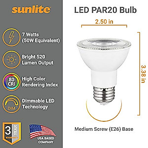 Sunlite 89206-SU LED PAR20 Reflector Light Bulb, 7 Watts (50W Equivalent), 520 Lumens, Medium E26 Base, Dimmable, Spotlight, Energy Star Certified
