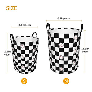 Gbuzozie Black And White Checkered Baseball Pattern Round Laundry Hamper Storage Basket Toys Clothes Organizer Bin For Home Bathroom Bedroom Dorm Nursery, 62l