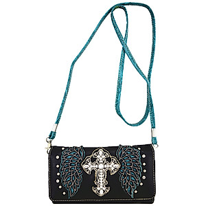 Western Style Rhinestone Cross Studded Laser Cut Wings Tooled Leather Purse Women Handbags Country Shoulder Bag Wallet Set (2Black/Turq Set)