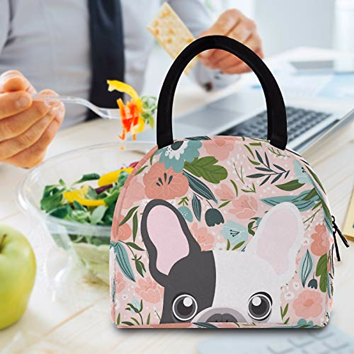 YiGee French Bulldog Floral Dog Lunch Bag Tote Bag, Insulated Organizer Zippered Lunch Box Lunchbox Lunch Container Handbag for Women Men Home Office Picnic Beach Use
