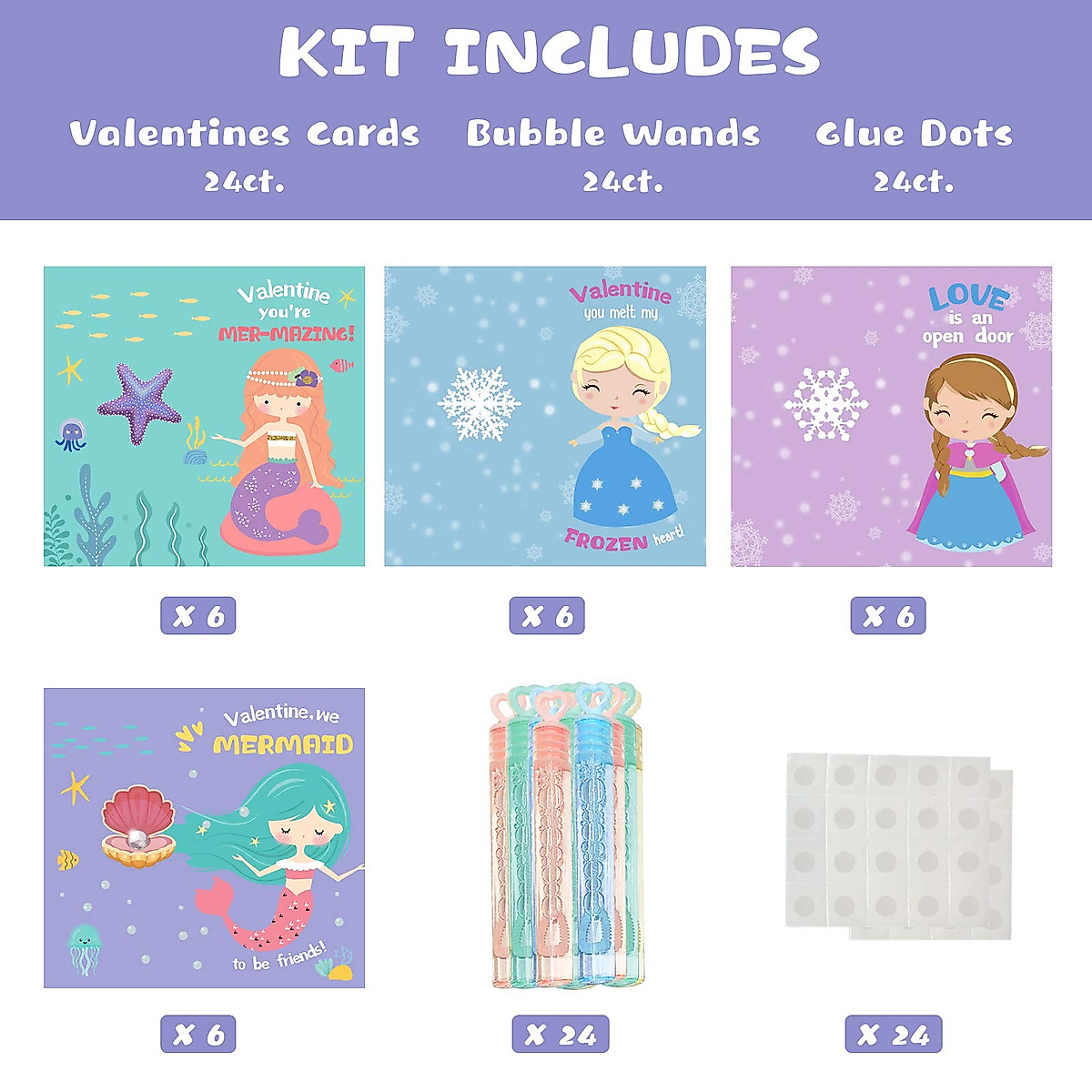 Valentines Day Gifts for Kids - Valentines Day Cards for Kids - Mermaid Princess Valentine Card Bubble Wands 24 Pack - Valentine's Day Bubbles Party Favors Toys for Girls School Classroom Exchange