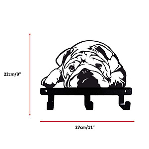 English Bulldog Resting Lazy Sleeping Shaped Black Coated Metal Wall Hook for Leash Key Kitchen Bathroom Bedroom Garage Mud Room