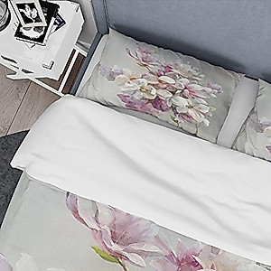 DesignQ Pink Magnolia Flowers Shabby Chic Duvet Cover Set, Grey Duvet Cover Set Queen, Floral Bedding Set of 3 Pieces, All Season Shabby Chic Bedding Sets Queen