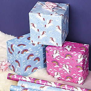 LeZakaa Unicorn Wrapping Paper Roll - 40 x 120 inches per Roll - Unicorn with Clouds and Moon/Rainbow/Star Print for Baby Shower, Kids Birthday - 4 Rolls
