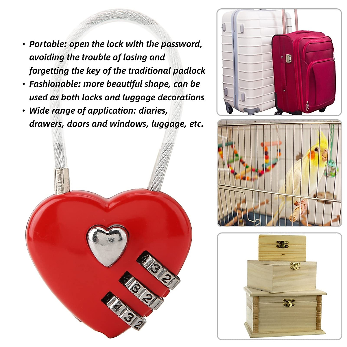 Heart Shaped Lock, 3 Digit Mini Lock, with Love Heart Wire Rope, Password Lock for Luggage, Backpack, Jewelry Box, Entrance Locker