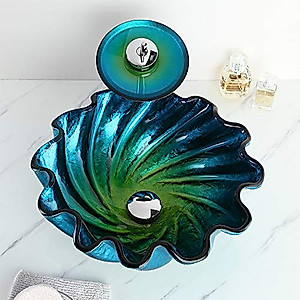 KunMai Blue&Green Seashell Wave Tempered Glass Bathroom Vessel Sink & Waterfall Faucet Set Chrome