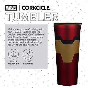 Corkcicle Marvel 24 Ounce Triple Insulated Stainless Steel Travel Cup Tumbler with Lid and Silicone Bottom for Hot and Cold Drinks, Iron Man