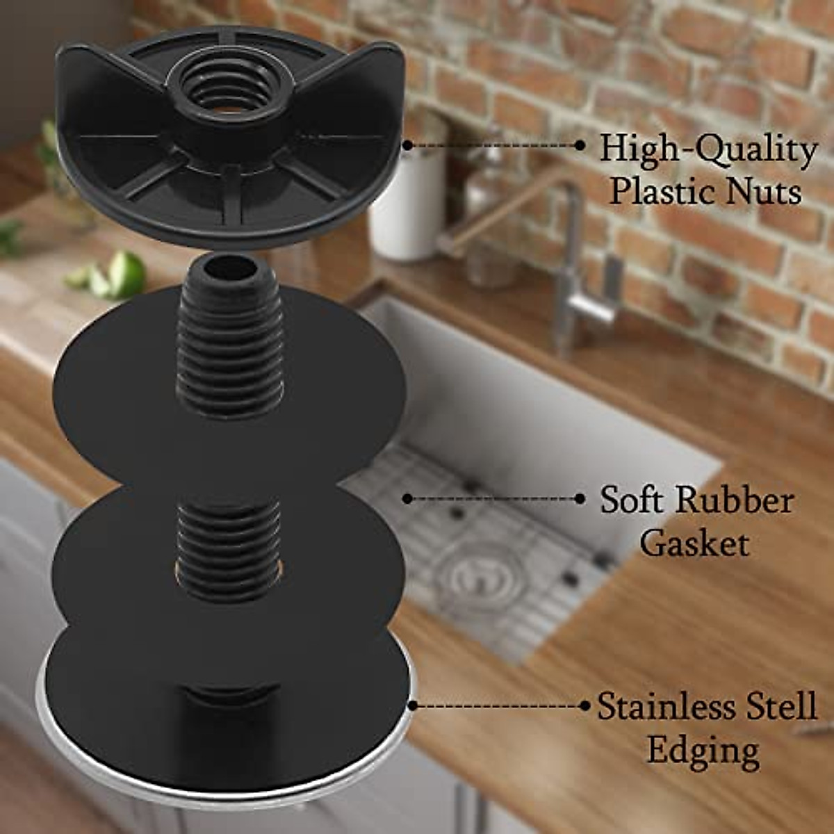 Kitchen Sink Hole Covers Brushed Stainless Steel,Faucet Hole Cover Hole Plug Black, 2Pcs Sink Caps for Top Holes (1.2 to 1.6 Inch in Diameter) (Long threaded shank)