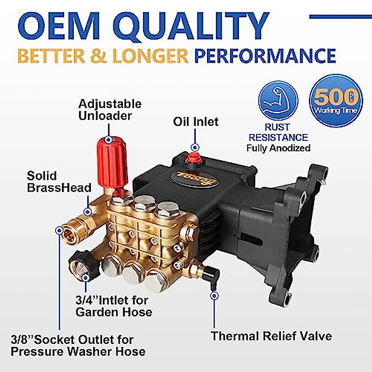 TOOLCY Pressure Washer Pump 3600-4000 PSI Max 4.4 GPM, 1 inch Shaft Horizontal Triplex Plunger Power Washer Pump Replacement, Direct Drive Pressure Pump with Unloader, 5 Nozzle Tips, M22-14mm Adapter