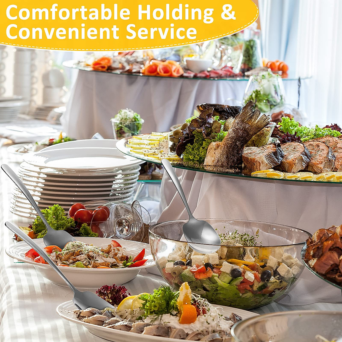 Set of 12 Stainless Steel Serving Spoons Large Metal Serving Utensils Dishwasher Safe Spoons for Buffet Catering Food Cooking Kitchen Banquet Restaurant Home, Silver, 8.3 Inches Long