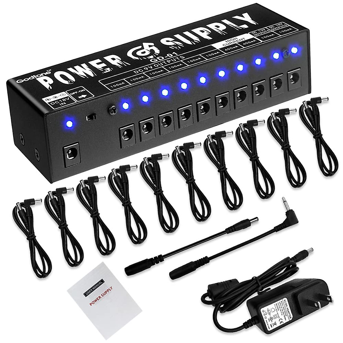 Guitar Effect Pedal Power Supply 10 DC Output for 9V 12V 18V Pedals with Short Circuit Overcurrent Protection Separate GD-01