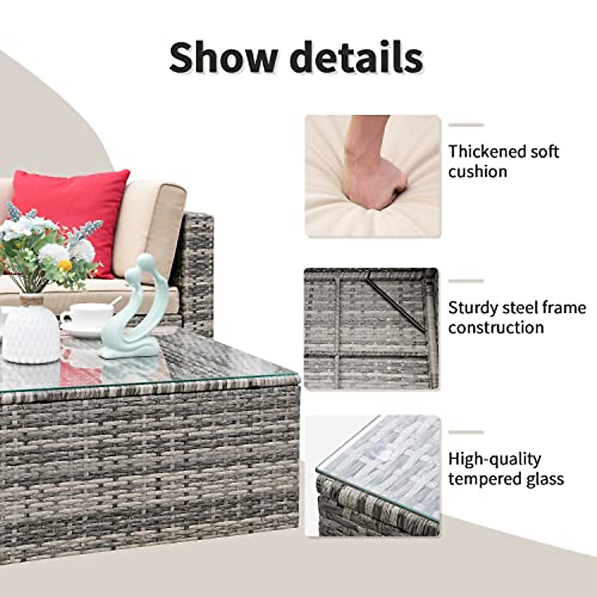 Tuoze 5 Pieces Patio Furniture Sectional Outdoor All Weather PE Rattan Wicker Lawn Conversation Cushioned Sofa Set with Glass Coffee Table (Grey)