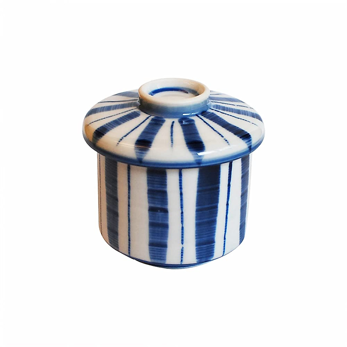 IPPINKA Japanese Porcelain Chawanmushi Cup with Lid, Seto-mono, Made in Japan, 105cc, Blue Tokusa Stripe