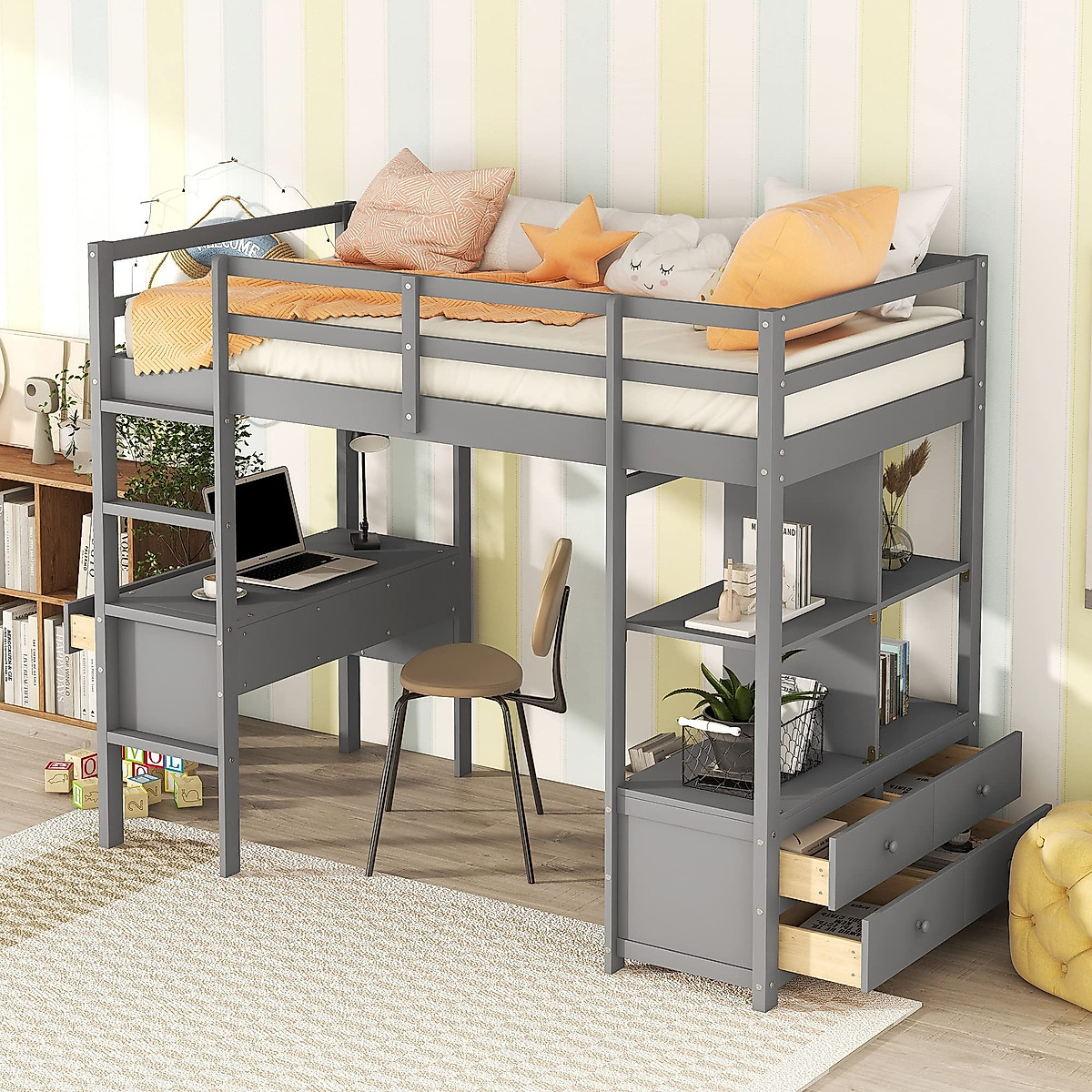 Harper & Bright Designs Twin Size Loft Bed with Desk and Storage, Solid Wood Twin Loft Bed with Storage Shelves and Drawers for Girls Boys Teens Adults,No Box Spring Needed (Twin,Grey)