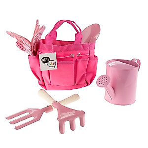 Hey! Play! Kid’s Garden Tool Set with Child Safe Shovel, Rake, Fork, Gloves, Watering Can and Canvas Tote- Mini Gardening Kit for Boys and Girls , Pink 4 x 7 x 6 inches