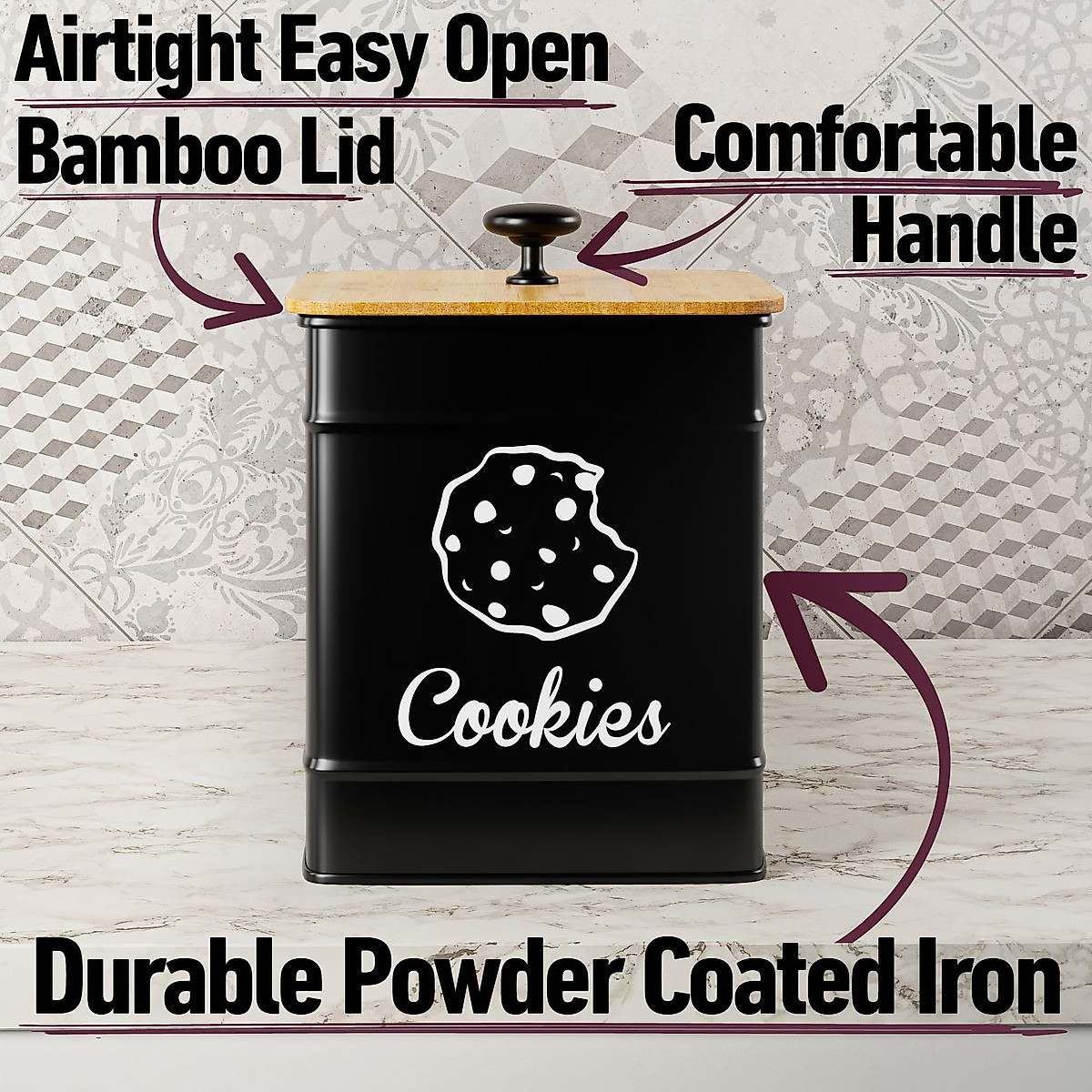 Cookie Jar with Airtight Bamboo Lid - 6"W x 6"D x 8"H Black Iron Cookie Tin - Large Cookie Jars with Lids Airtight - Farmhouse Cookie Jars for Kitchen Counter Decorative - Cute Cookie Jar Airtight Lid