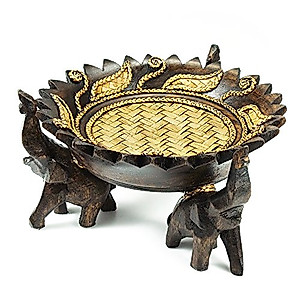 AeraVida Rejoicing Elephant Leaves Carved Rain Tree Circular Wooden Tray
