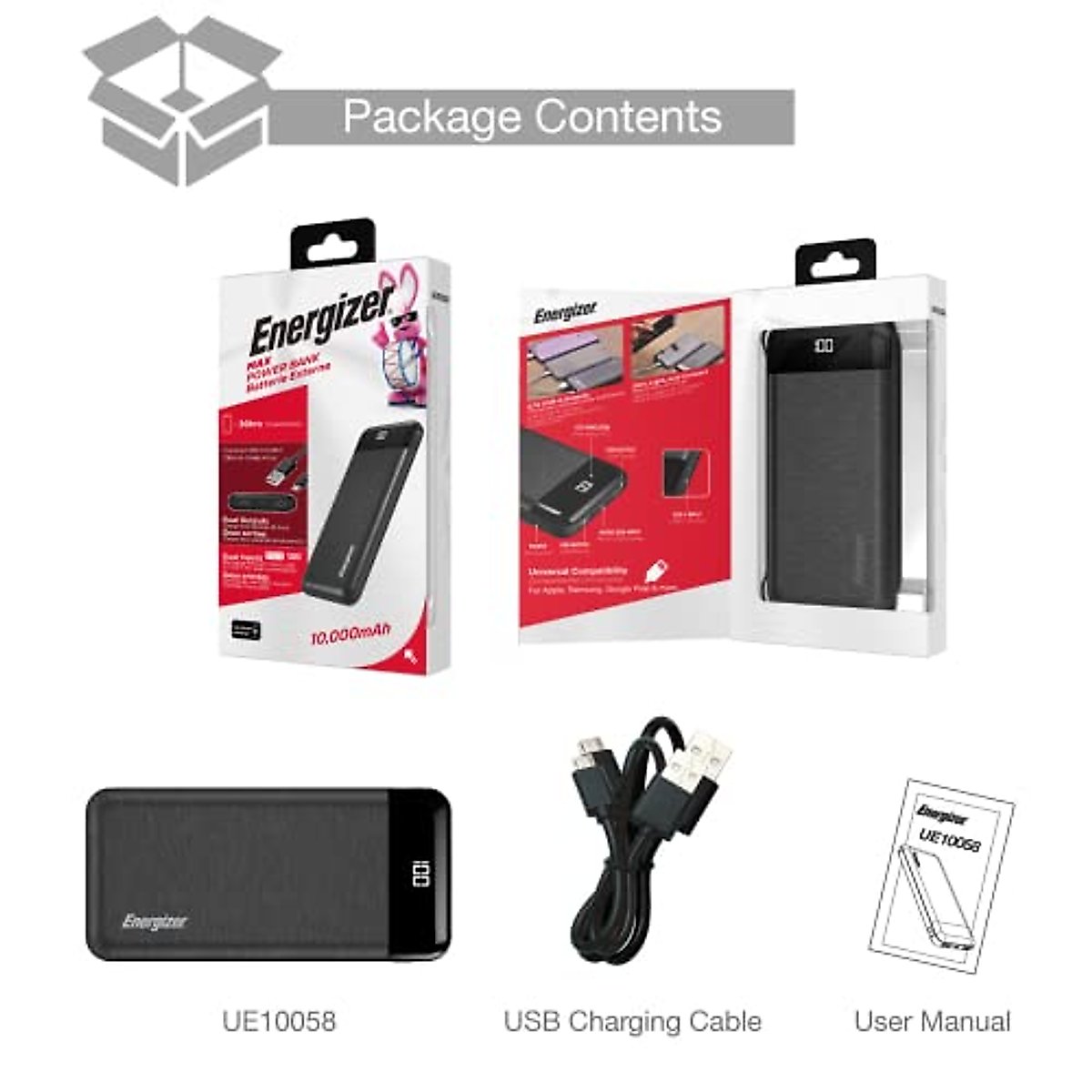 Energizer New Power Bank with LCD Indicator｜ 10000mAh Capacity Lithium Polymer｜ 2.1A High-Speed Charging｜ Dual Outputs｜Compatible with iPhone, Samsung, Tablet, and More.｜UE10058